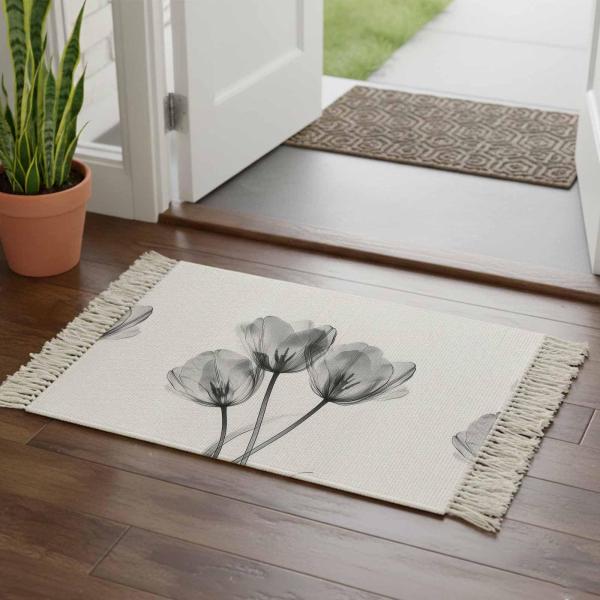 商品名:  Bathroom Runner Rug 2x3 Feet, Grey Spring Tulip Floral Area Rug with Tassel, Washable Woven Throw Runner Carpet, P...