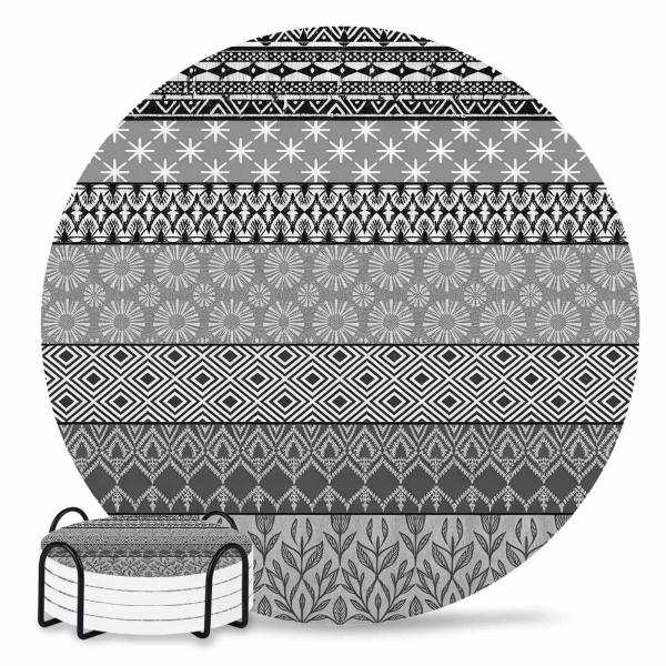 商品名:  Coasters Set of 4 Grey Bohemian Drink Coasters with Holder Absorbent Stone Ceramic Cup Mat Boho Style Floral Leave...