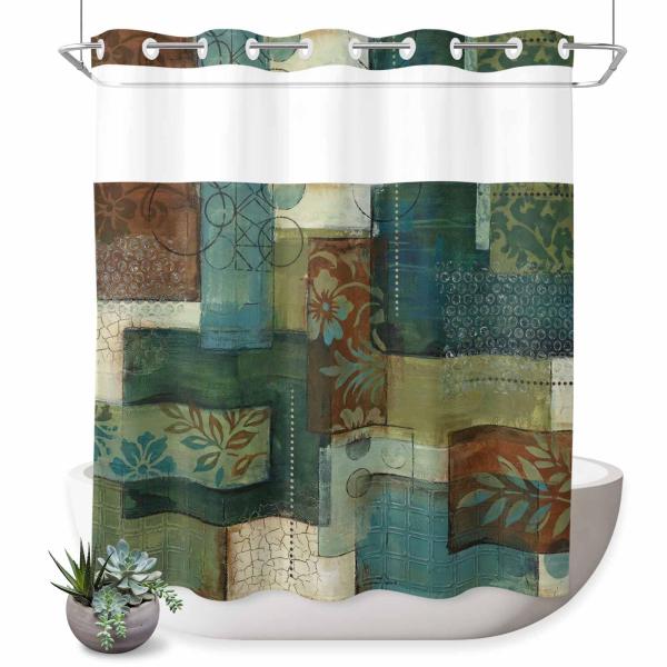 商品名:  Bohemian No Hook Shower Curtain Vintage Floral Texture Geometric Plaid Patchwork Art Shower Curtain with See Throu...