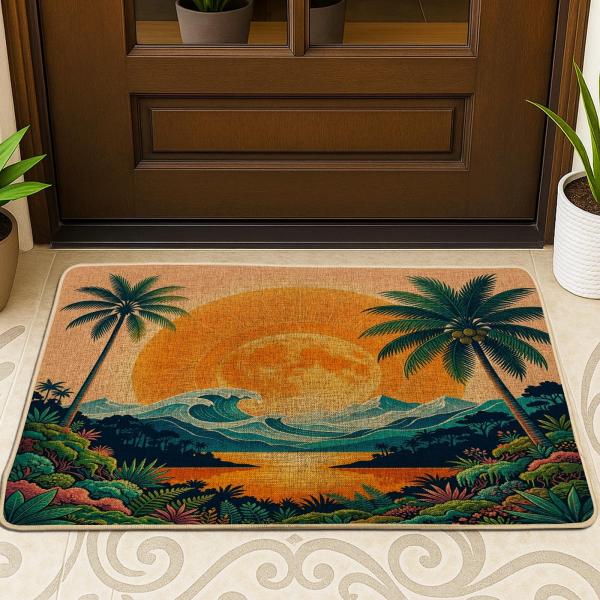 商品名:  Tropical Moss Front Black Door Mat Outside Inside Entrance 29 * 17, Retro Bohemian Botanical Outdoor Indoor Ultra ...
