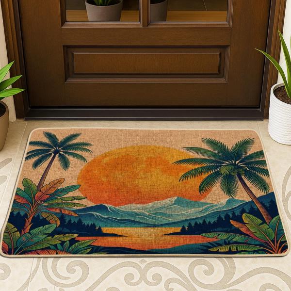 商品名:  Tropical Banana Leaf Front Black Door Mat Outside Inside Entrance 29 * 17, Retro Bohemian Botanical Outdoor Indoor...