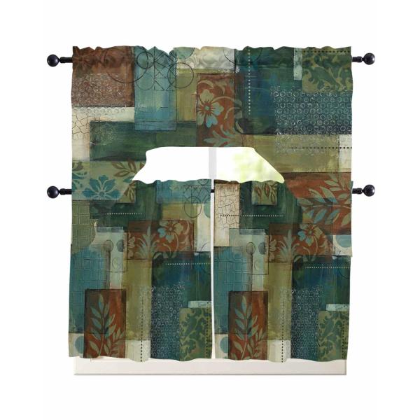 商品名:  Bohemian Swag Curtains Valance &amp; Tier Set, Vintage Floral Texture Geometric Plaid Patchwork Art 3 Pcs Set Kitc...