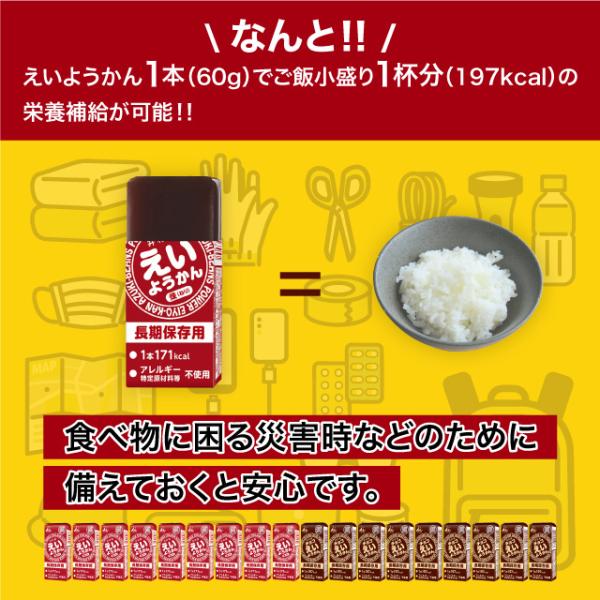 ■非常食として保存が可能です・長年にわたり培ってきた羊羹の製造技術を生かして5年間の長期保存を実現しました。■手軽にカロリーが補給できます・1本食べるだけで手軽に197kcalのエネルギー補給が可能です。※検索キーワードえいようかん 井村屋...