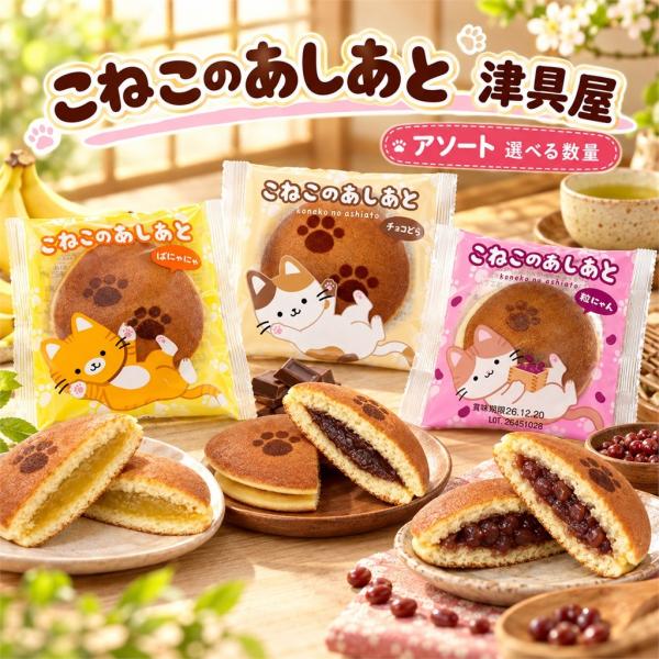 嘉永2年（1848年）創業、南信州の津具屋製菓のミニどら焼き「こねこのあしあと」。子猫の肉球の焼印がかわいいどら焼きです。カーリング女子の「もぐもぐタイム」で話題になったミニどら焼きの製造元が作っています。◎選べる3つの味粒にゃん（粒あん）...
