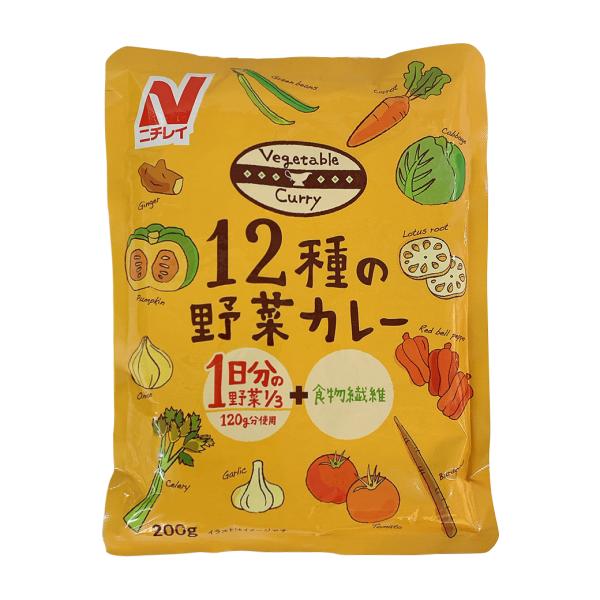 【12種の野菜カレー】原材料名 野菜（たまねぎ（中国又は国産（5％未満））、にんじん、キャベツ、いんげん、かぼちゃ、ピーマン、れんこん、ごぼう、セロリ）、ソテーオニオン（たまねぎ、植物油脂）、おから、豆乳、植物油脂、小麦粉、難消化性デキスト...