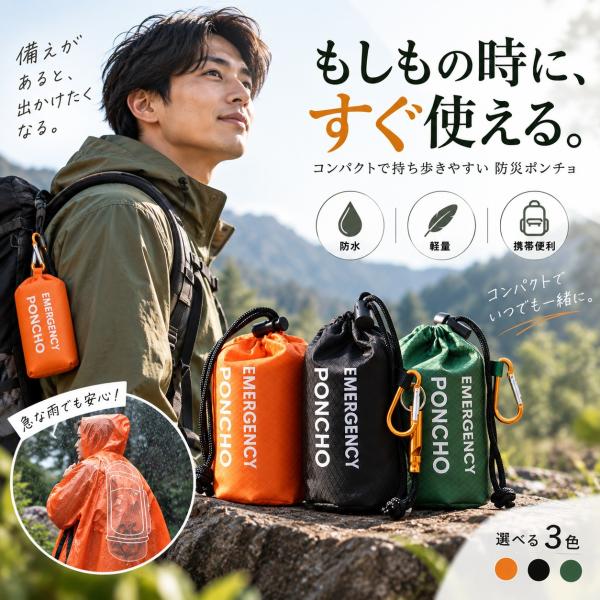 突然の雨やアウトドア、災害時など、さまざまなシーンでサッと使える携帯用の防災ポンチョです。コンパクトに収納できるので、防災バッグはもちろん、リュックや通勤・通学バッグ、旅行バッグなどにも入れておきやすく、必要な時にすぐ取り出せます。※ご注意...