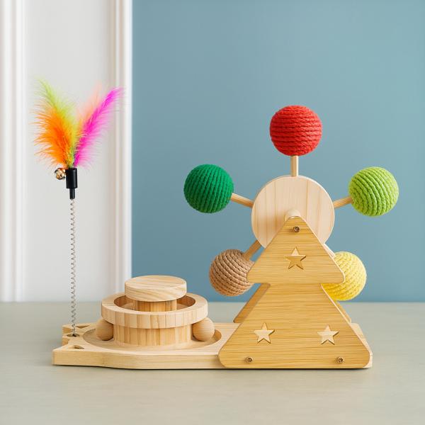 爆買愛猫の退屈やストレスを解消するために設計された木製多機能キャットトイ。回転ホイールにはカラフルな麻縄ボールを搭載、猫が叩いたり噛んだりすることで回転し、飽きずに長時間遊べます。さらに羽根付き猫じゃらしでジャンプ運動をサポート。下部にはボ...