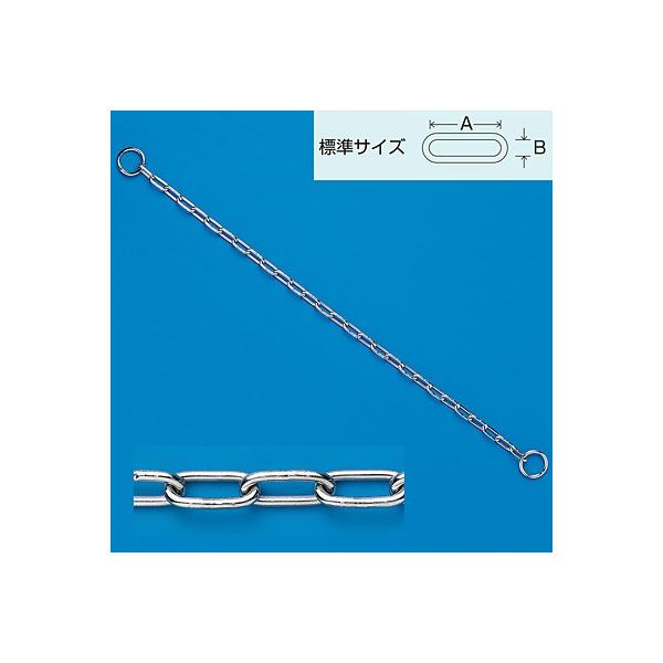 耐食性に優れたステンレス製チェーンの両端に丸リングが付いています。[サイズ](A)19mm(B)5mm(標準サイズ)3mmφ(線径)600mm(長さ)外径34mmφ内径25mmφ(リングサイズ)