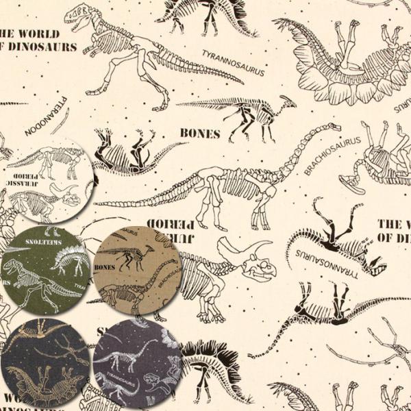 生地は50cm単位での販売になります。ゆうパケット便(メール便)での発送は2.5m(購入数５)まで。≪無料レシピ有≫商品コード：012-15-hsk418恐竜の骨／オックス生地生地幅110cm／綿100％オックス生地人気の恐竜柄が今年も入荷...