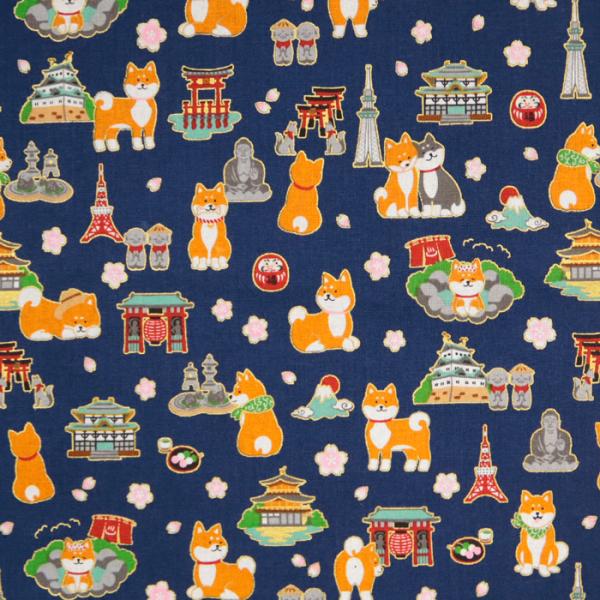 生地は50cm単位での販売になります。ゆうパケット便(メール便)での発送は3m(購入数６)まで。商品コード：013-17-cs1511柴犬 旅道中／シーチング生地生地幅110cm／綿100％シーチング生地柴犬は旅をするのが大好きで。さあ、ど...