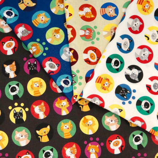 生地は50cm単位での販売になります。ゆうパケット便(メール便)での発送は3m(購入数６)まで。商品コード：013-17-cs1653circle猫 IN THE POP WORLD メルマガ商品／シーチング生地生地幅110cm／綿100％...