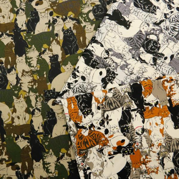 生地は50cm単位での販売になります。ゆうパケット便(メール便)での発送は2.5m(購入数５)まで。商品コード：013-17-cs1725猫大集合／オックス生地生地幅110cm／綿100％オックス生地猫ちゃんたちが大集合。みんなでどんなお話...