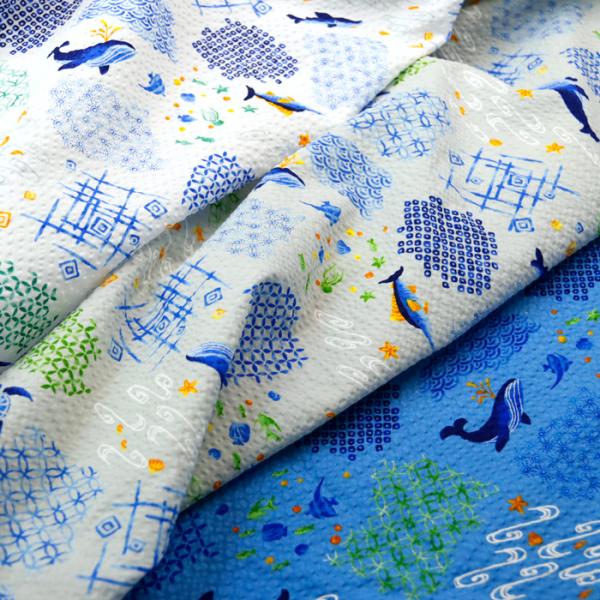 生地は50cm単位での販売になります。ゆうパケット便(メール便)での発送は2m(購入数４)まで。商品コード：055-15-ka1659海の子／リップル生地生地幅108cm／綿100％リップル生地肌触り抜群のリップル生地に海の仲間。夏のアイテ...