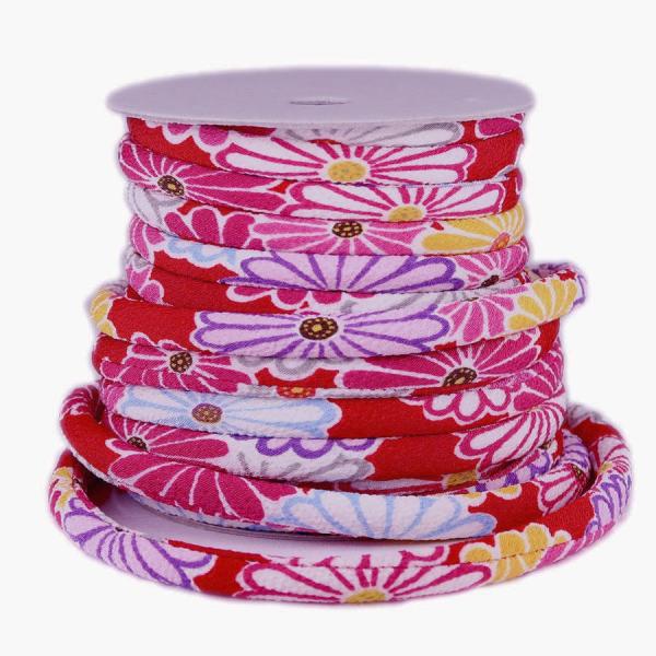 ■表地（ちりめん）：ポリエステル100%　中芯：アクリル100%※10cm単位で販売、価格は10cm分です。数量は10cm単位で入力して下さい(例:1m購入なら数量10)●色とりどりの菊の花が並んだかわいらしいちりめん丸ひも。きれいな赤地に...