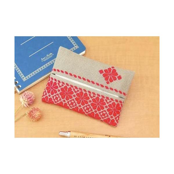 ■出来上がりサイズ：約縦9cm×横13cm●日本の伝統刺繍「こぎん」のポケットティッシュケースのキットです。かわいい北欧テイストの「こぎん」のキットに、カラフルで使いやすいポケットティッシュケースが新登場しました。色はベージュっぽいグレーで...