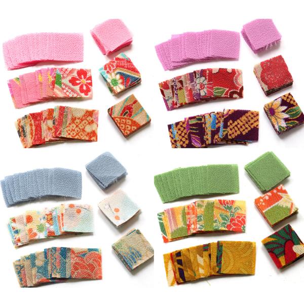 ■レーヨン100% ■2柄×30枚・無地1色×30枚つまみ細工用に25ミリ（2.5センチ）角にカットした一越ちりめん生地。柄もの2柄×各30枚、無地1色×30枚の合計90枚入っています。これがあれば、下準備なしでつまみ細工を始められます！お...