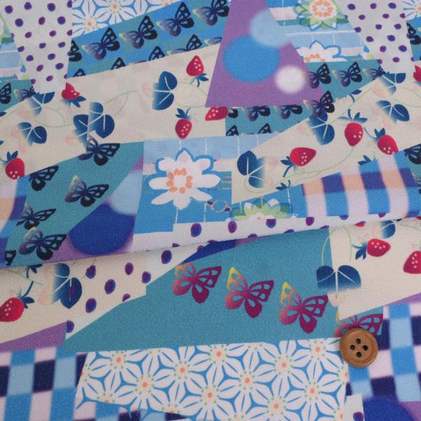 ■ポリエステル100% ■約110cm幅※ボタンは直径約2cm。10cm単位で販売、価格は10cm分。数量は10cm単位で入力して下さい(例:1m購入なら数量10)。いろんなモチーフの組み合わせが楽しいポリちりめん生地です。蝶やいちご、大小...