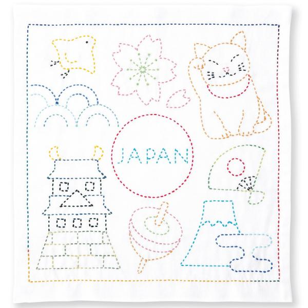 ●刺子ふきんのキット。世界の名所のイメージのカラフルな絵柄が楽しいシリーズ。お子様にも気に入ってもらえそうなかわいい図案です。おなじみの日本らしいモチーフが、どこかポップで楽しい雰囲気で描かれています。海外の方へのお土産にもおすすめ！図案に...