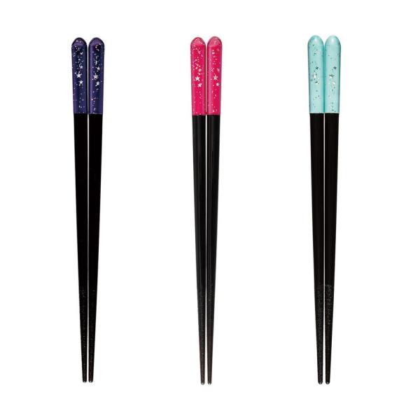 子供用のお箸になります。箸上部に星柄が描かれています。食洗機にも対応しています。寸法：各18cm色：紫　ピンク　水色材質：天然木　塗：ポリエステルウレタン品質：日本製メーカー：サンライフ