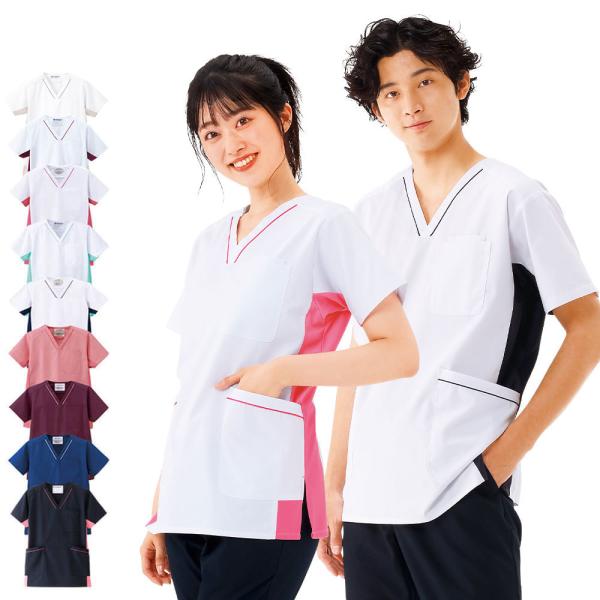 両脇にアクティブストレッチの切替つき!おしゃれに着こなせる、ナースリーの人気スクラブ両脇にアクティブストレッチのカラー切替がついていて、1枚でグンとおしゃれな印象に♪・前傾しても胸元の開きが気にならない、袖口も脇が開きすぎないなど安心して着...