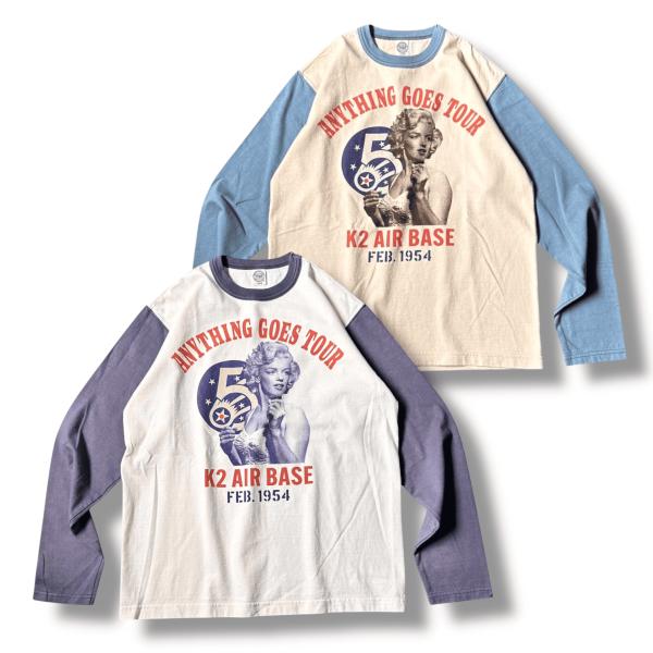 TOYS McCOY(トイズマッコイ)B-15Cカスタムモデルで、精巧に直刺繍されたマリリン・モンローの元画像となる写真をプリントした2トーンカラーのロングスリーヴTシャツ。ANYTHING GOESとは彼女のバンド名で、ジョー・ディマジオ...