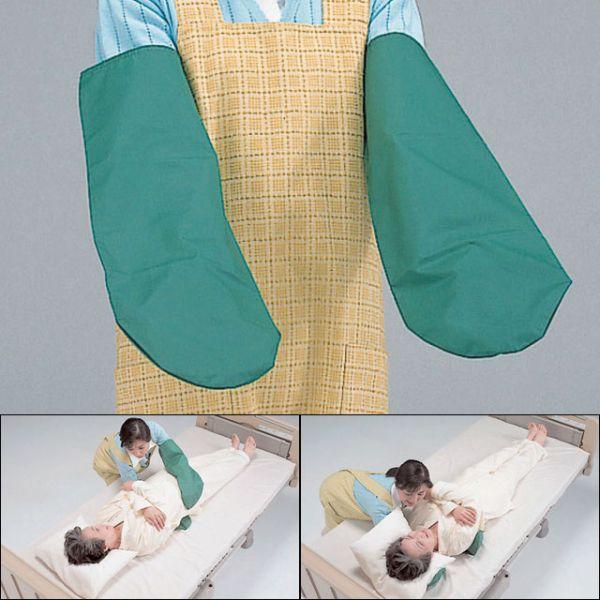 【介護用品：移乗用具】介助する方が腕にはめ、介助される方のからだの下に差し込み、腕の厚みでからだを持ちあげ、滑らせて移動します。