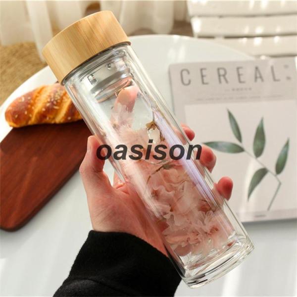 【商品名】　ガラス水筒 木の蓋 二重ガラス クリアボトル 透明 ウォーターボトル 茶こし 直飲み クリア 耐熱150度 日系 お洒落 蓋付き タンブラー【商品説明】　?【安全の素材】二層高品質シリコンガラス性，健康な素材，硬質かつ耐熱性を備...