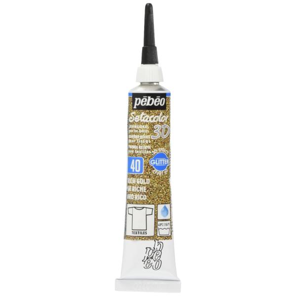 ぺべオ(Pebeo) ラメ入りの立体的な線やドットが描ける布用絵具 セタカラー3Dグリッター色 20ml リッチゴールド 40 ・ラメ入りの膨らんだ線やドットが描ける絵の具(水性アクリル顔料絵具)ノズルから直接、塗布面に描くことができ、美し...