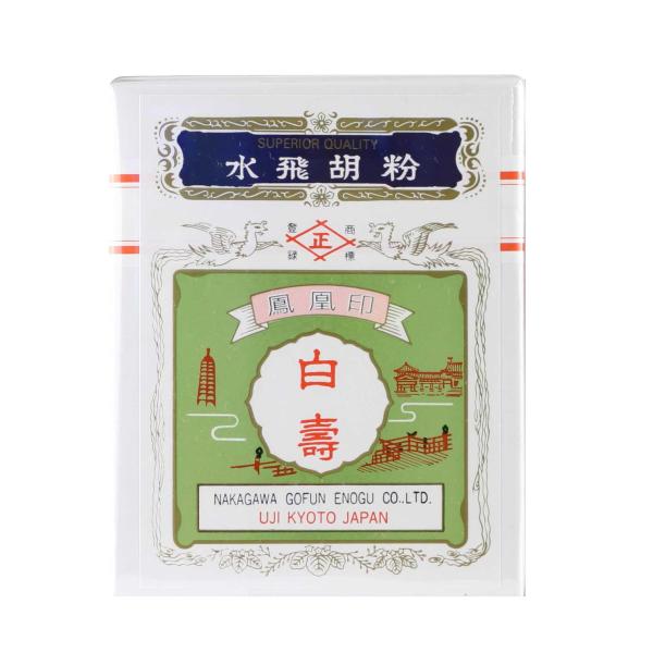 ナカガワ胡粉 日本画用絵具 鳳凰 水飛胡粉 白壽印 500g ・日本画を描く時の重要な"白"です。・板流胡粉 箱入り・白壽は、丁寧にすりつぶし、百叩きを行うことにより、金鳳に勝るとも劣らない白に発色する上品です。・白色としての使用はもちろん...