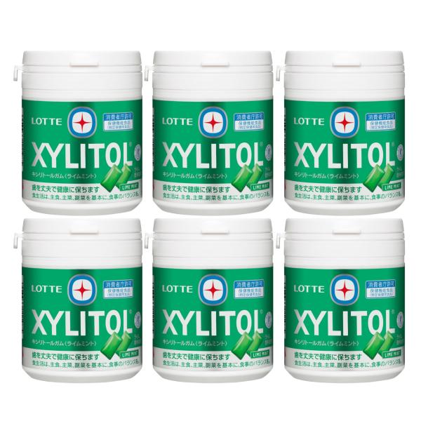 ロッテ キシリトールガム(ライムミント)ファミリーボトル 133g×6個 ・原材料：マルチトール（外国製造）／甘味料（キシリトール、アスパルテーム・L-フェニルアラニン化合物）、ガムベース、香料、増粘剤（アラビアガム）、光沢剤、リン酸一水素...
