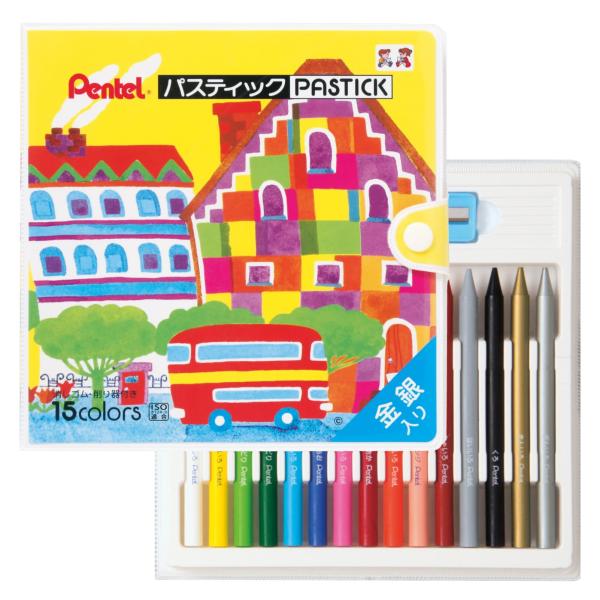 ぺんてる クレヨン色えんぴつ パスティック GC1-15 15色 ・1本あたり本体サイズ/重さ:φ8×120mm/6g・サイズ:幅 185mm ×奥行 183mm × 長さ 22mm・材質/色軸:顔料、体質顔料、ワックス、樹脂 削り器:PS...