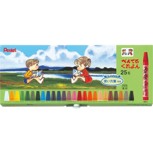 ぺんてる クレヨン PTCR-25 25色セット 使い方集付 ・セット色数:25色・ブランド:ぺんてる・容器:ホック付き紙箱・本体サイズ/重さ:242×102×17mm/177g