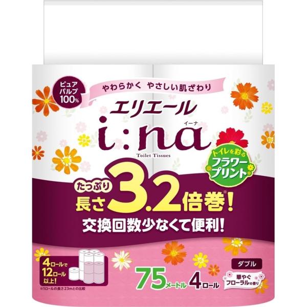 エリエール トイレットペーパー i:na(イーナ) フラワープリント 3.2倍巻き 75m×4ロール ダブル パルプ100% 華やぐフローラルの香り ・トイレットペーパ・ブラント名: エリエール・メーカー名: 大王製紙・原産国名: 日本・商...