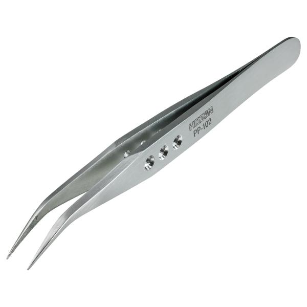 ホーザン(HOZAN) ピンセット 厚肉仕上げ 板厚2.8mm 全長125mm 開き幅8mm 先端幅0.6mm 先曲がり型 PP-102 ・【先端ローレット加工で滑りにくく精密保持】 先端幅0.6mmのローレット加工により、滑りやすいパーツ...
