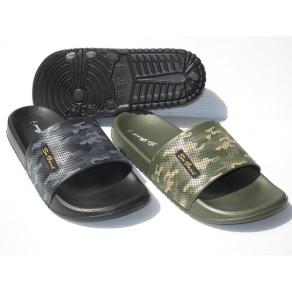 カモフラージュ柄が目を引く水ヌレOKのSO GOODのふんわりクッションシャワーサンダル。■商品名：SO GOOD SG9390■色：ブラック  カーキ■サイズ感：M(25〜25.5cm)/L(26〜26.5cm)/LL(27〜27.5cm...