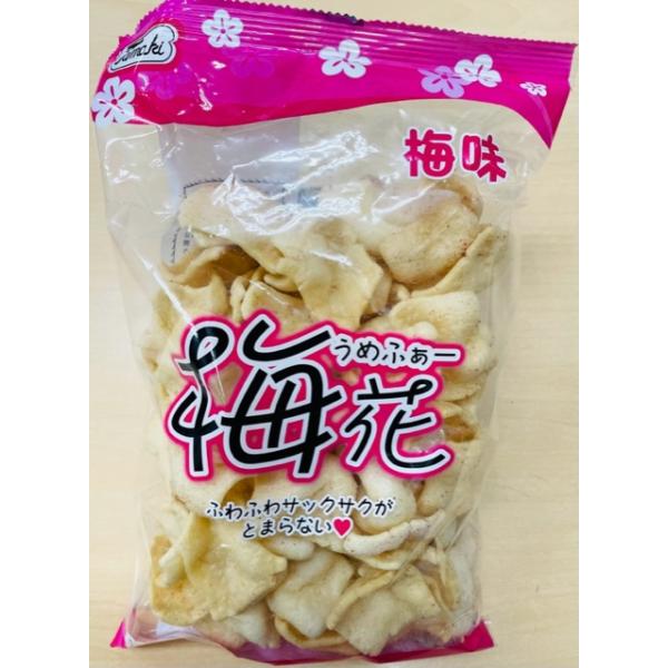 【商品名】梅花（うめふぁー）【原材料】小麦粉、でん粉、植物油、膨張剤、食塩、梅肉パウダー、ブドウ糖、酸味料、甘味料（甘草、ステビア）、ムラサキトウモロコシ色素、香料、調味料（アミノ酸等）、（原材料の一部に大豆、乳成分を含む）【内容量】66ｇ...