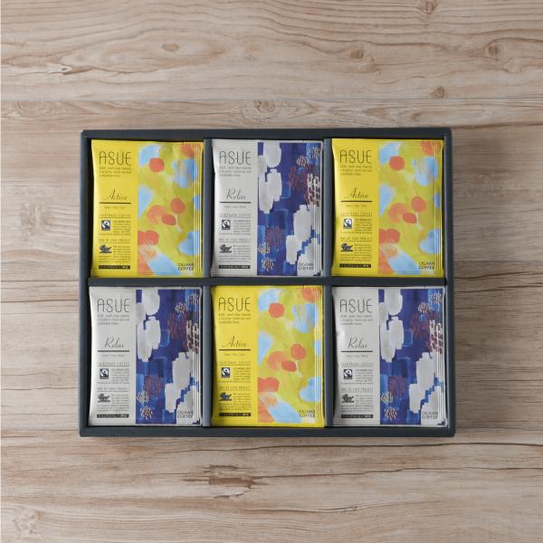 セット内容：ASUE Fairtrade Coffee Activeドリップコーヒー 1杯分×12個ASUE Fairtrade Coffee Relaxドリップコーヒー 1杯分×12個セットサイズ：縦277×横337×高さ47ｍｍ賞味期間...
