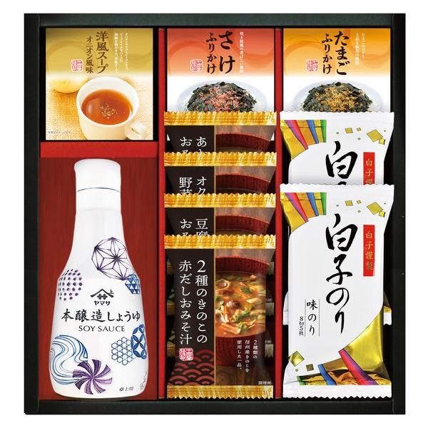 ▼こちらの商品は、10営業日程度にて発送いたします。【商品説明】●商品内容：ヤマサ鮮度しょうゆ200ml・おみそ汁（とうふと油揚げ・2種のきのこの赤だし・あおさとわかめ）・オクラ入ねばねば野菜スープ・丸美屋ふりかけ（たまご・さけ）2.5g×...