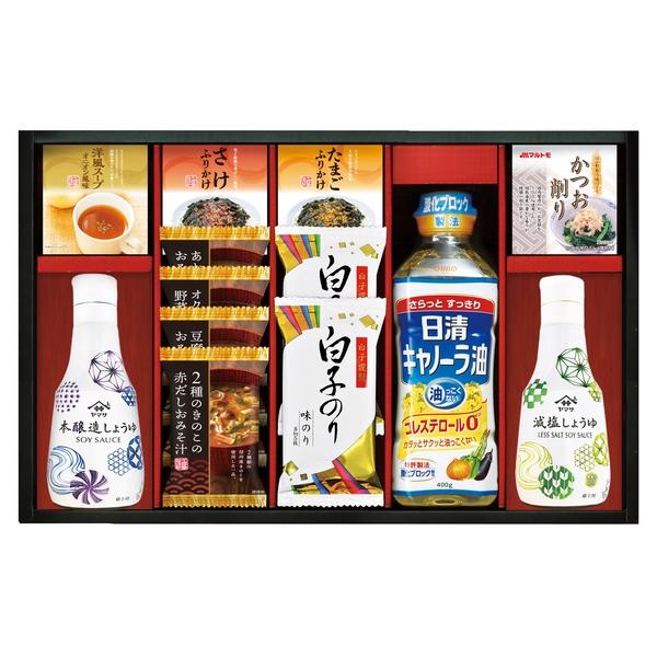 ▼こちらの商品は、10営業日程度にて発送いたします。【商品説明】●商品内容：ヤマサ鮮度しょうゆ200ml・ヤマサ鮮度減塩しょうゆ200ml・日清キャノーラ油400g・おみそ汁（とうふと油揚げ・2種のきのこの赤だし・あおさとわかめ）・オクラ入...