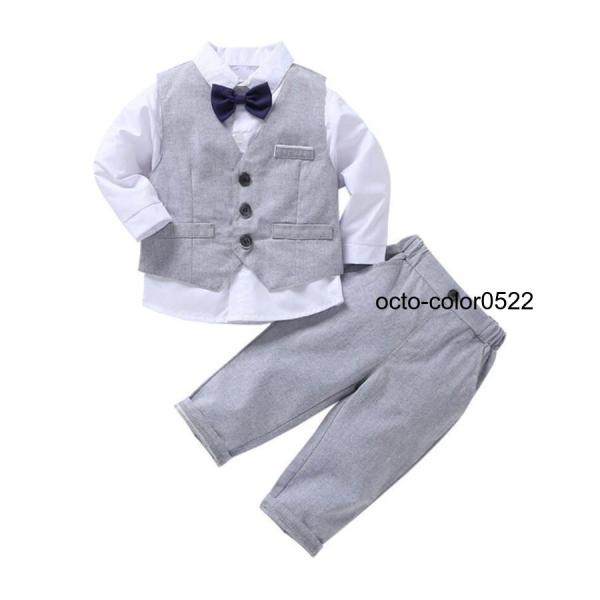 男の子のフォーマルスーツです。シンプルなデザインと蝶ネクタイがおしゃれ。ハーフバースデーや結婚式、お食い初めなどフォーマルなイベントにもおすすめです。【サイズ】・シャツ<br>サイズ/着丈/身幅/袖丈80 / 35 / 29 /...