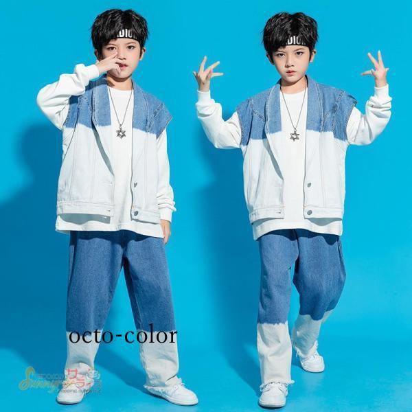 キッズ ダンス衣装 女の子 ヒップホップ チアガールズ 切り替え デニムベスト ロングパンツ セット ジャズダンス ステージ衣装 練習着 体操服素材：ポリエステル、その他単品：白Ｔシャツのみ2点セット（ベスト+パンツ）【カラー】画像通り【サ...