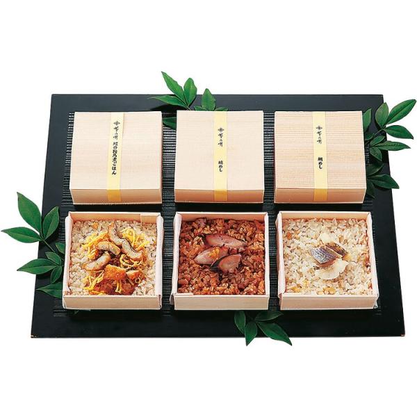 賞味期間：冷凍90日内容：鯛めし、鱧の鞍馬煮ごはん170g×各2、蛸めし165g×2（カタログ番号：0034）