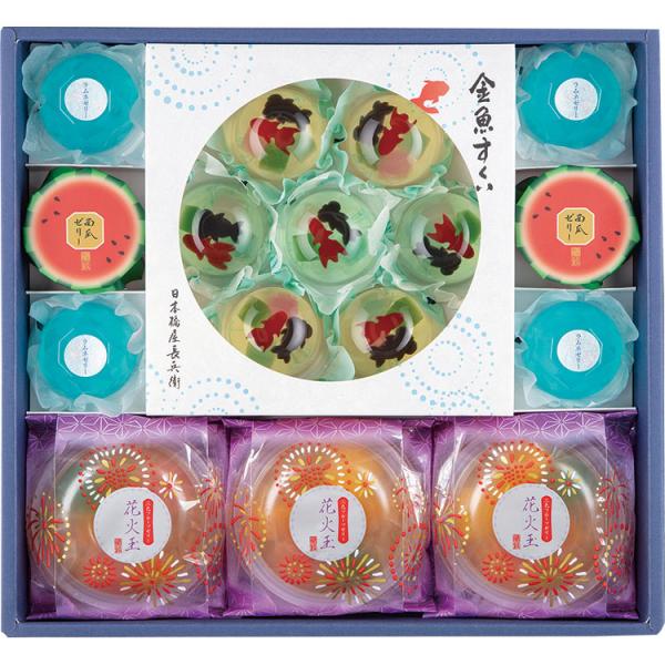 賞味期間：60日内容：金魚すくい7入（レモン×4、ラムネ×3）、ラムネゼリー×4、西瓜ゼリー×2、花火玉×3（カタログ番号：0098）