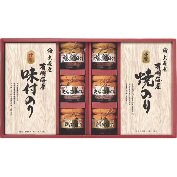 賞味期間：90日以上内容：有明海産焼のり2袋詰（2切8枚）、有明海産味のり14袋詰（8切5枚）×各1、焼鮭ほぐし、たらこほぐし、鶏そぼろ50g×各2（カタログ番号：0585）