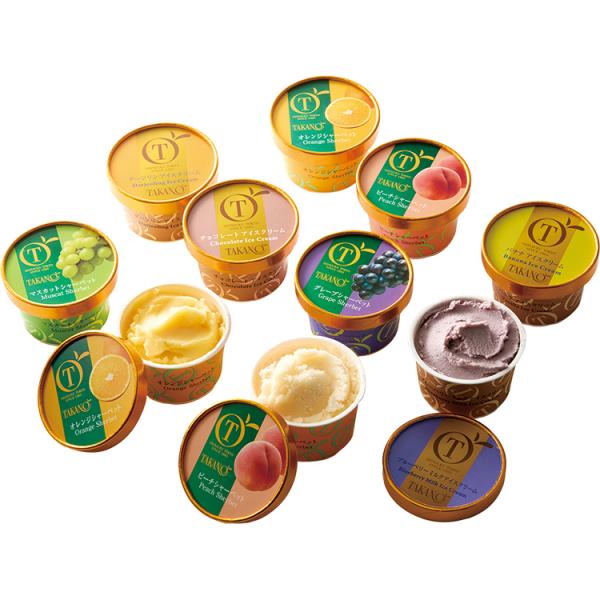 賞味期間：90日以上内容：アイスクリーム（バナナ、ブルーベリーミルク、チョコレート、ダージリン100ml×各1）、シャーベット（オレンジ、ピーチ100ml×各2、グレープ、マスカット100ｍｌ×各1）（カタログ番号：0856）