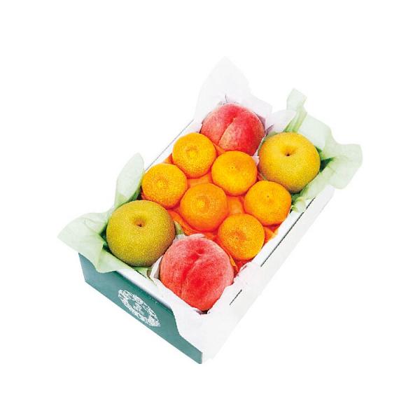 内容：桃×2（計約600g）／山梨産、幸水梨×2（計約600g）／埼玉または佐賀または福岡産、ハウスみかん×6（計約500g）／佐賀または愛知産（カタログ番号：0898）