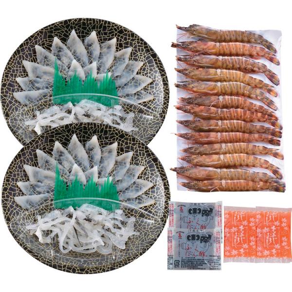 賞味期間：冷凍90日内容：とらふぐ刺身15g×2、車海老（刺身用）200g／国産、とらふぐ皮20g×2／(原)国産、ふくポン酢、もみじおろし10g×各2（カタログ番号：1100）