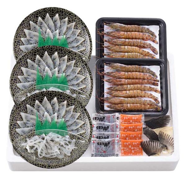 賞味期間：冷凍90日内容：とらふぐ刺身15g×3、車海老（刺身用）200g／国産、とらふぐ皮20g×3、とらふぐヒレ5枚／(原)国産、ふくポン酢、もみじおろし10g×各3（カタログ番号：1101）