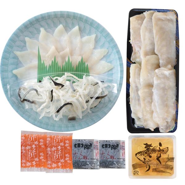 賞味期間：冷凍90日内容：とらふぐ刺身12g／国産、とらふぐ皮20g、とらふぐすき身（身皮）75g／(原)国産、ふぐ煮こごり100g、ふくポン酢、もみじおろし10g×各2（カタログ番号：1102）