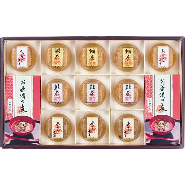 賞味期間：90日以上内容：鯛茶漬、鮭茶漬、あさり茶漬42g×各3、たらこ茶漬42g×2、お茶漬の友（海苔、あられ）×11（カタログ番号：1132）